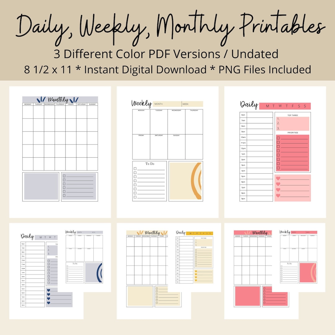 Daily, Weekly, Monthly Printables / Undated / Instant Download / PDF ...