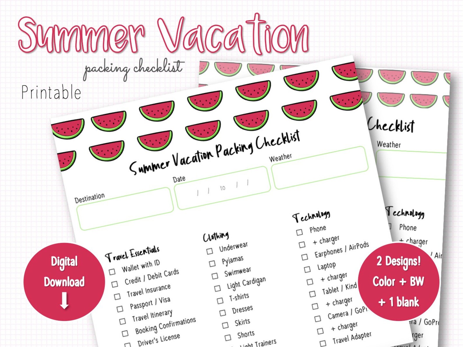 Summer Vacation Packing Checklist Watermelon - Etsy