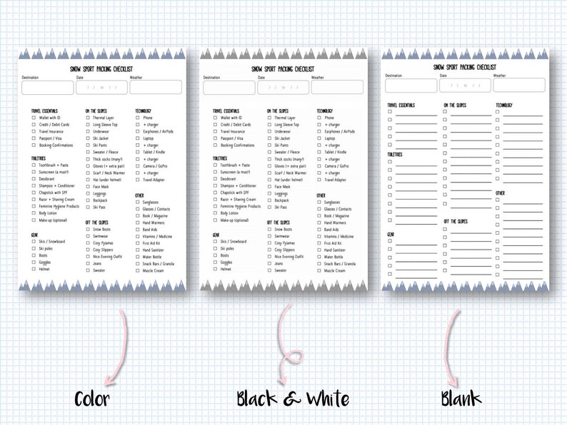 Snow Sport Vacation Packing Checklist - Mountain - Etsy