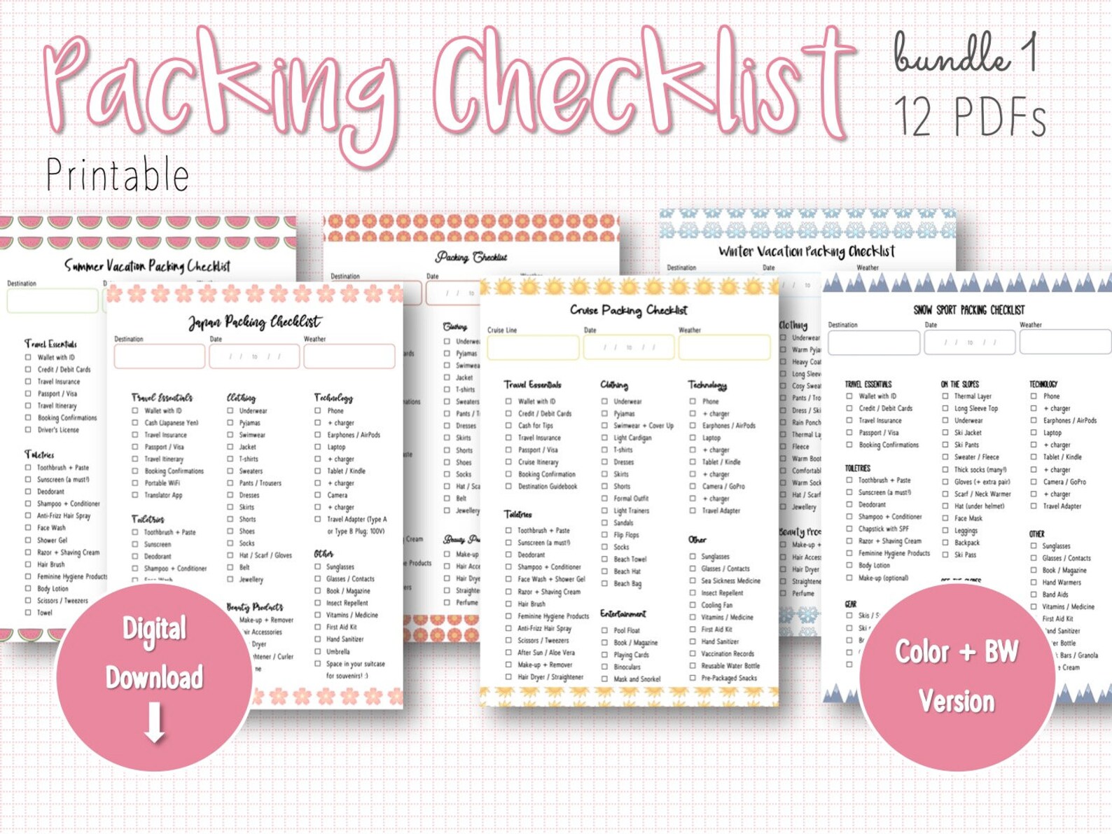 Printable Themed Packing Checklists Bundle - Design 1 - Etsy