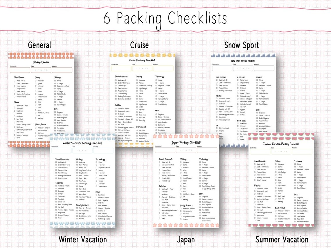Printable Themed Packing Checklists Bundle - Design 1 - Etsy