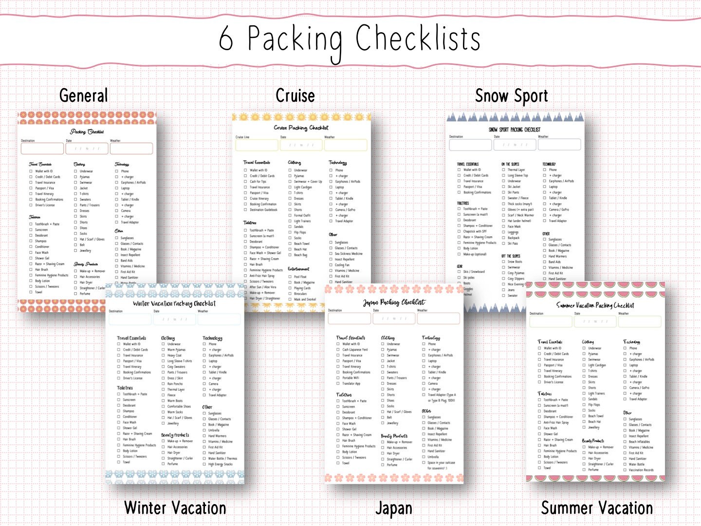 Printable Themed Packing Checklists Bundle - Design 1 - Etsy