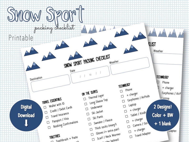 Snow Sport Vacation Packing Checklist - Mountain - Etsy