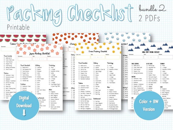Printable Themed Packing Checklists Bundle Design 2 | Etsy