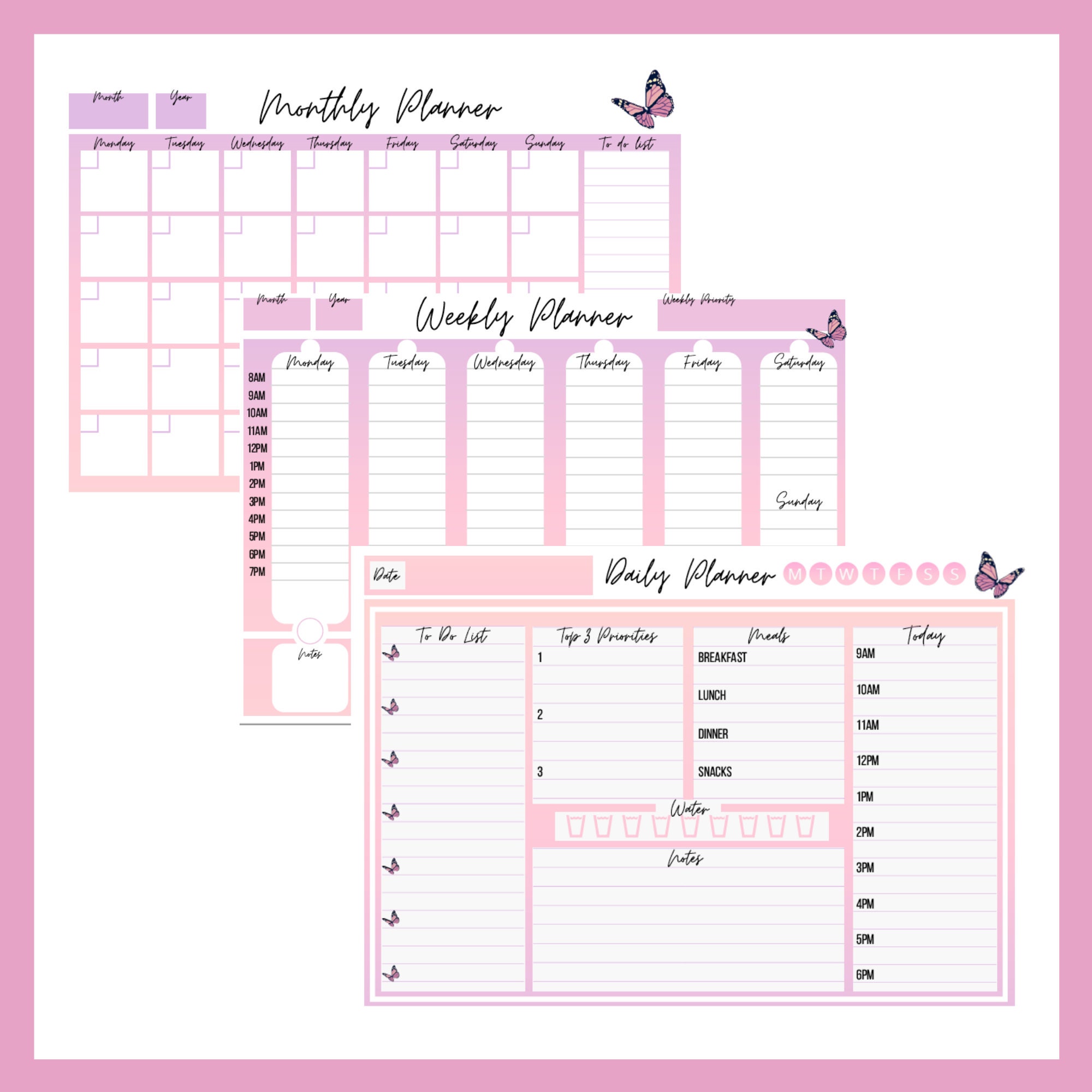 Pink Butterfly Daily Weekly and Monthly Planning Set | Etsy