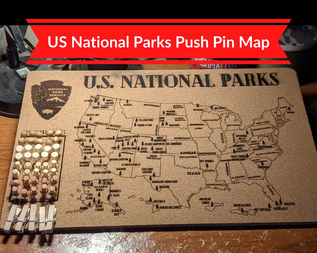 US National Parks Push Pin Map - All 69 Parks! - Laser Engraved Cork ...