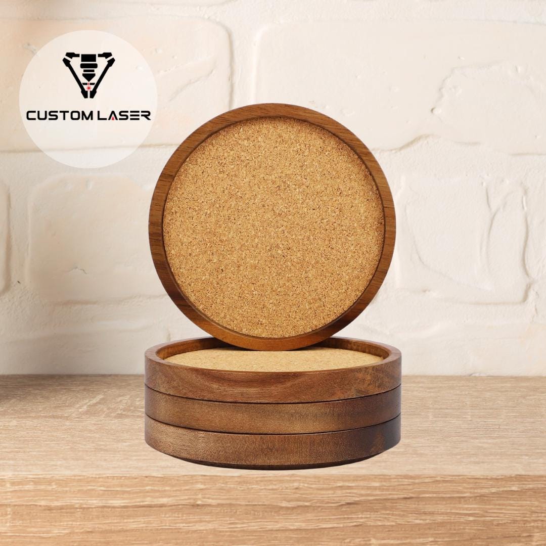 Cork Inlayed Wood Coasters - Set of 4 - Gifts. Coaster Set. Christmas ...