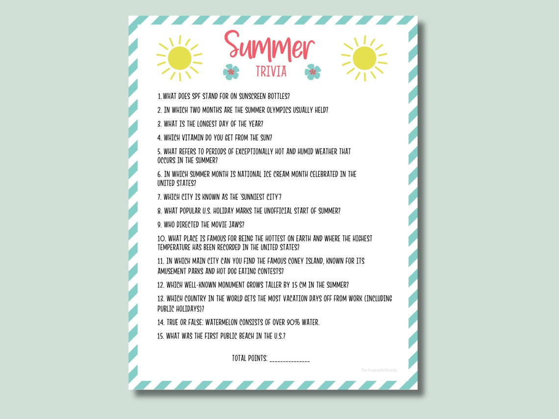 Summer Trivia Game | Summer Printable Party Game | Summer Quiz | Fun ...