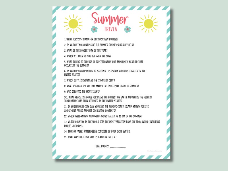 Summer Trivia Game | Summer Printable Party Game | Summer Quiz | Fun ...