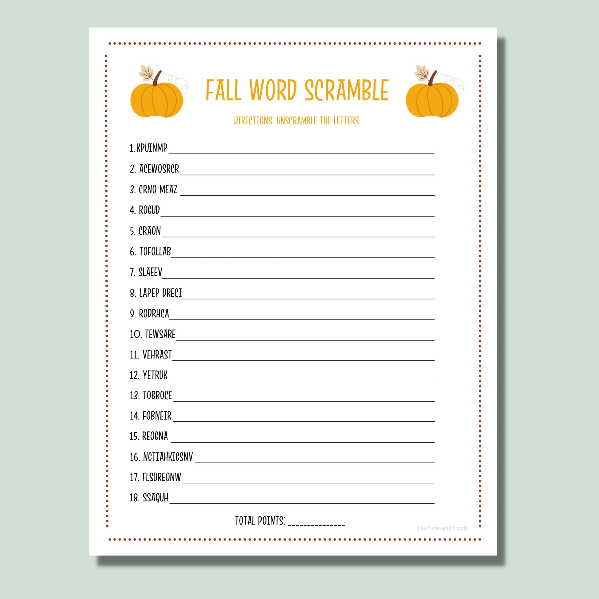 Fall Word Scramble Printable Adults