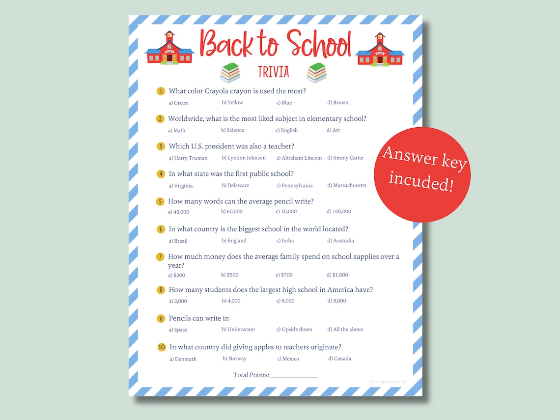 Back to School Trivia Game | First Day of School Activity | School Quiz ...