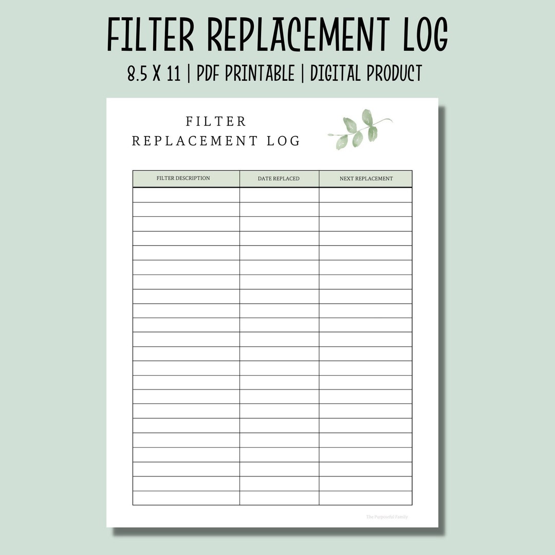 Filter Replacement Log Printable | Air, HVAC, Pool Replacement Filter ...
