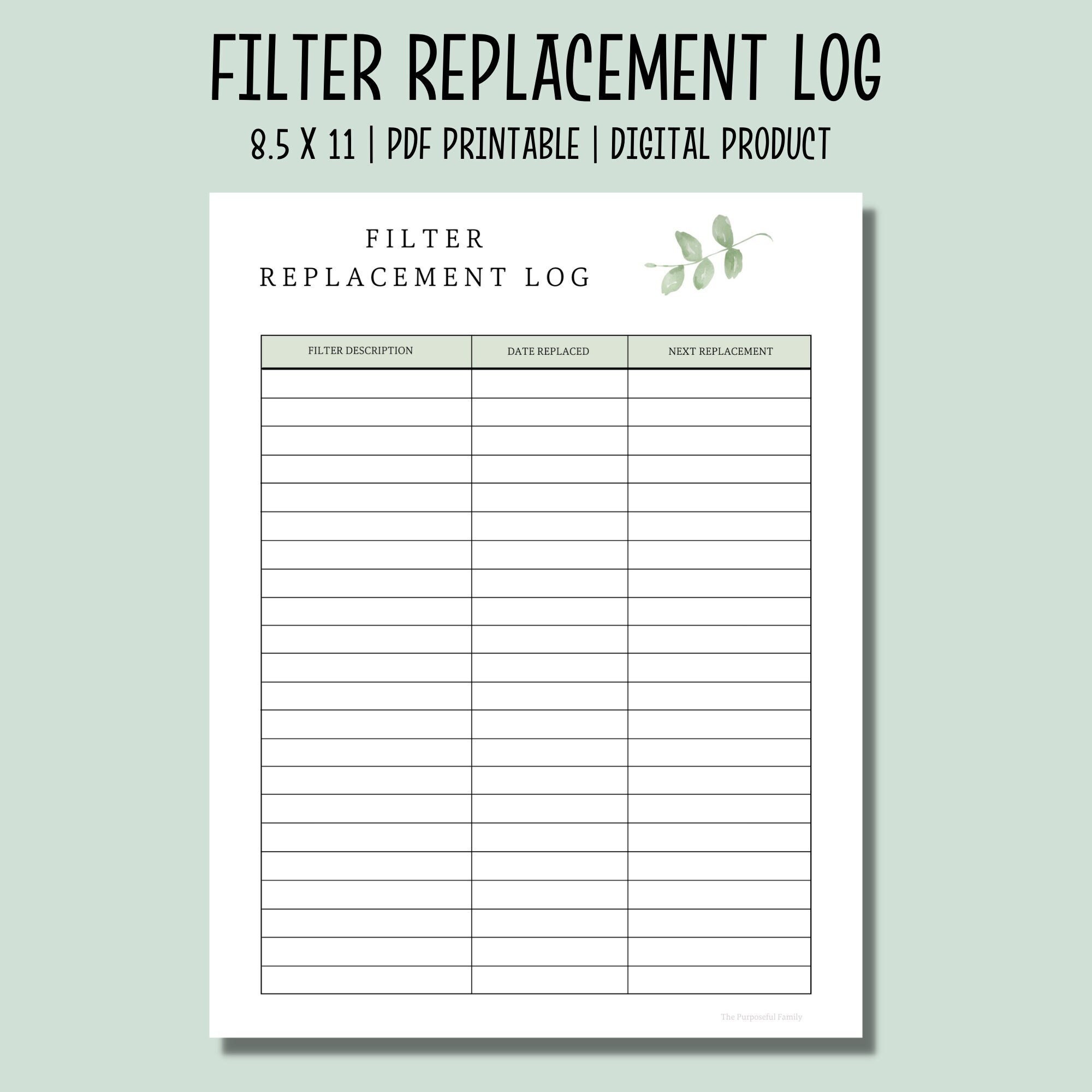 Filter Replacement Log Printable Air HVAC Pool Replacement Filter
