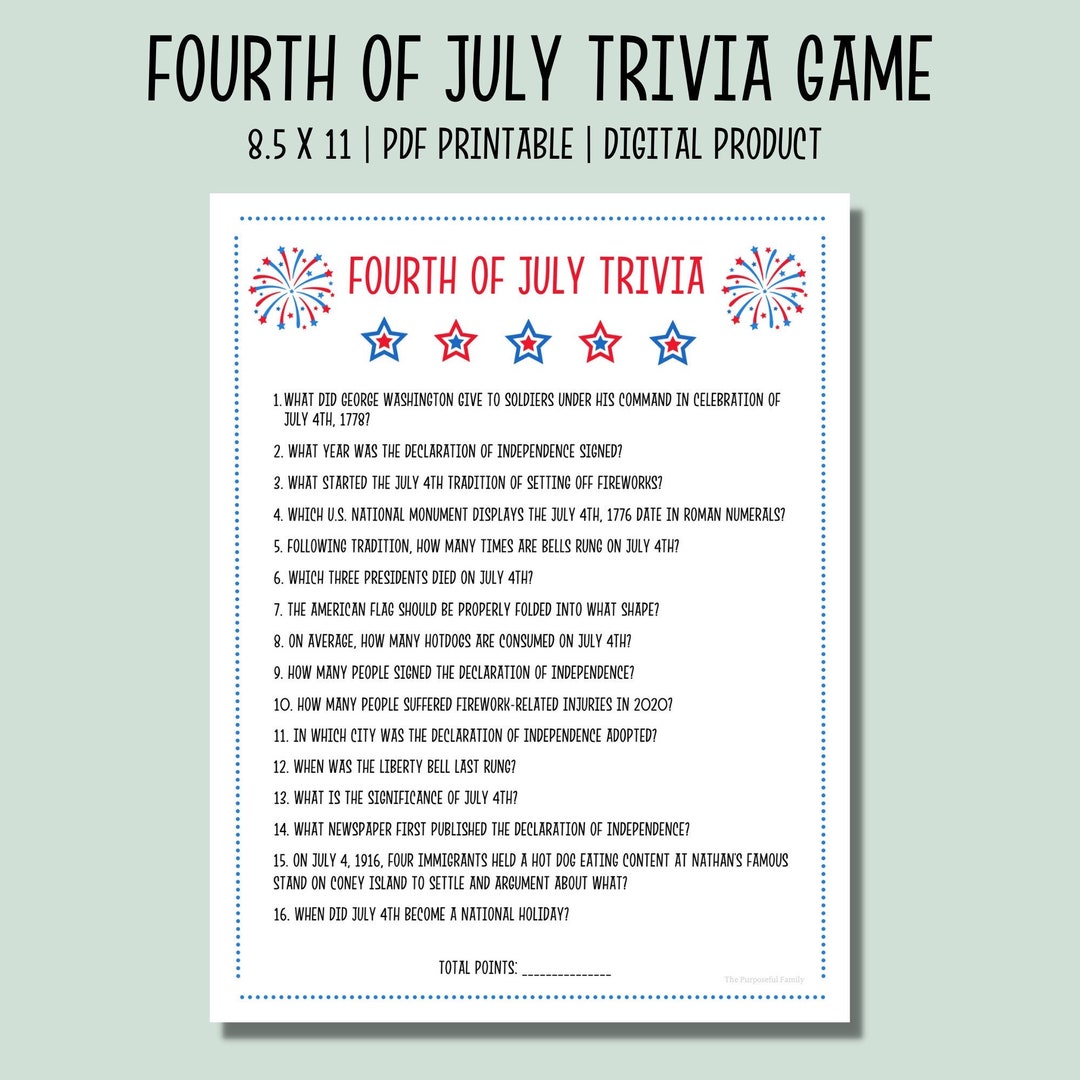 Fourth of July Trivia Game | 4th of July Printable Party Game ...