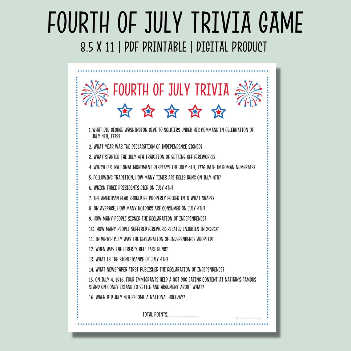 Fourth of July Trivia Game | 4th of July Printable Party Game ...