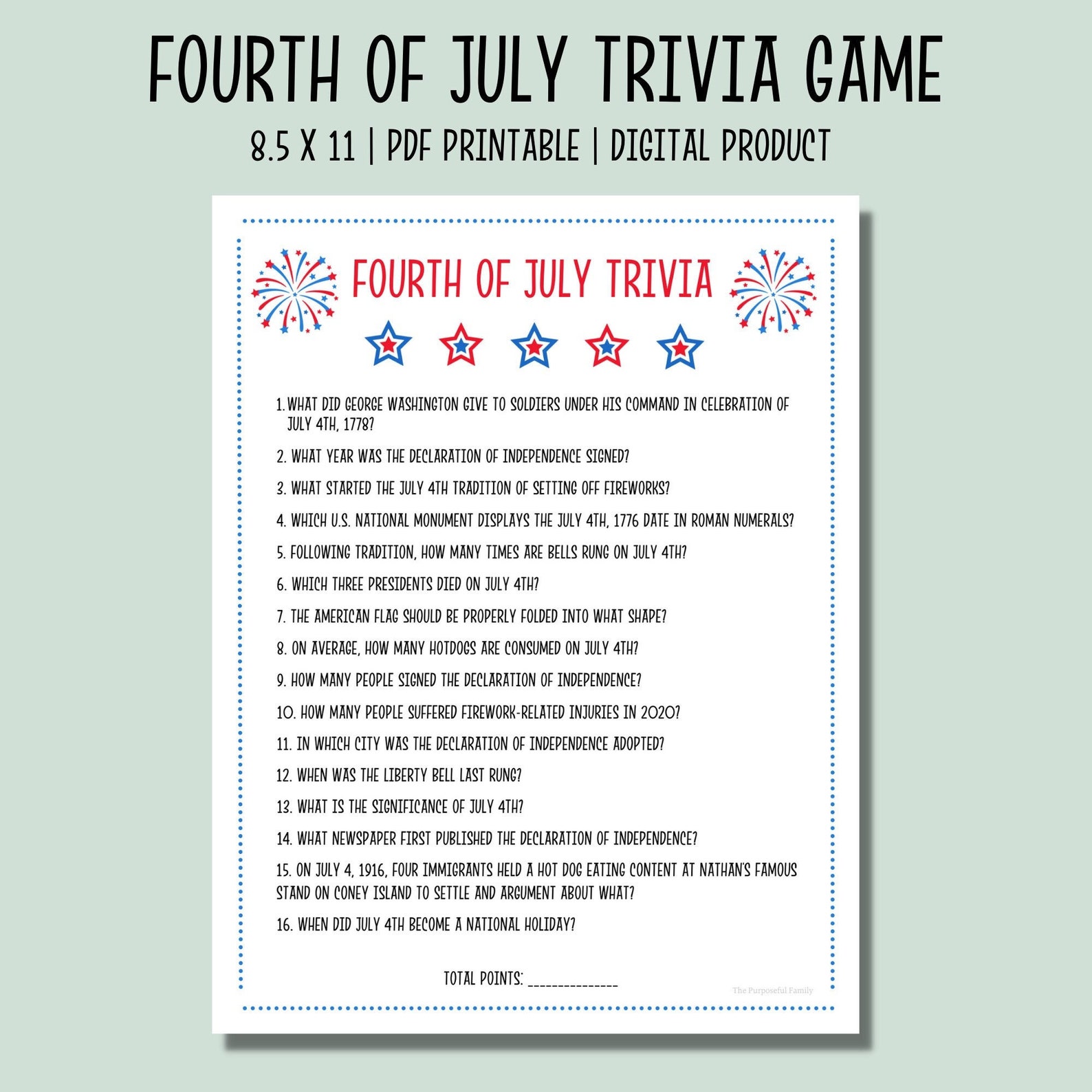 Fourth of July Trivia Game | 4th of July Printable Party Game ...