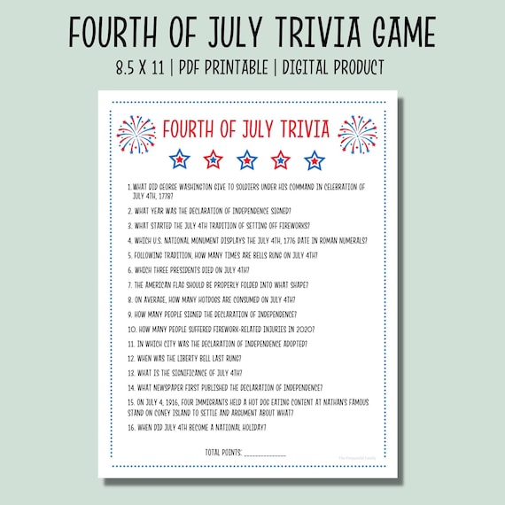 Fourth of July Trivia Game 4th of July Printable Party Game - Etsy