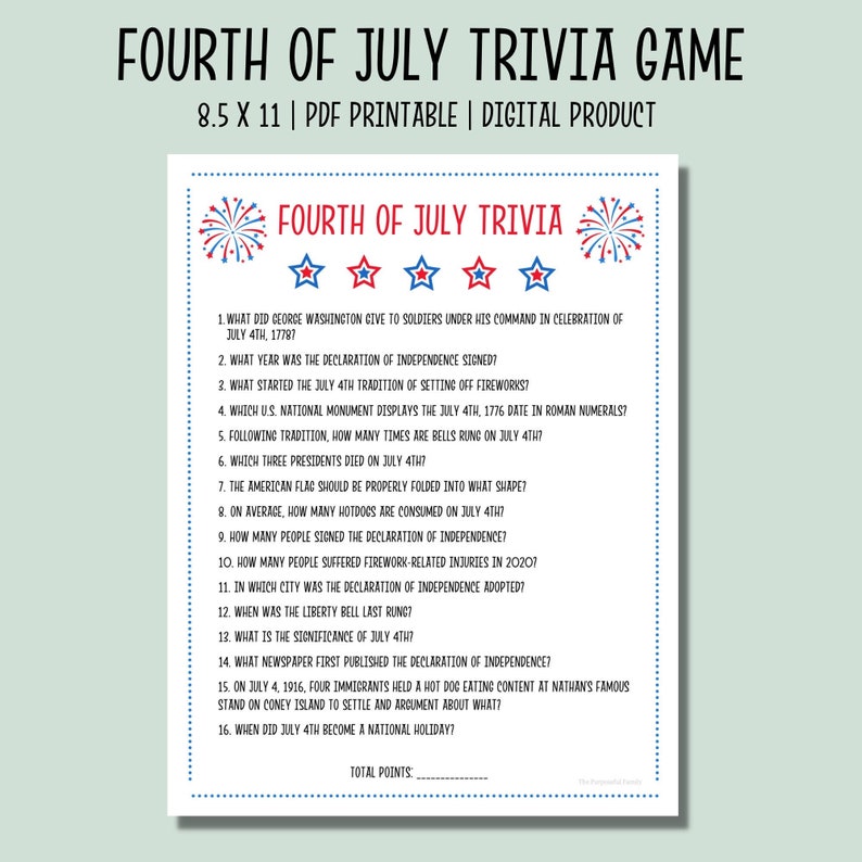 Fourth of July Trivia Game | 4th of July Printable Party Game ...