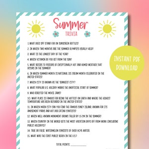 Summer Trivia Game | Summer Printable Party Game | Summer Quiz | Fun ...