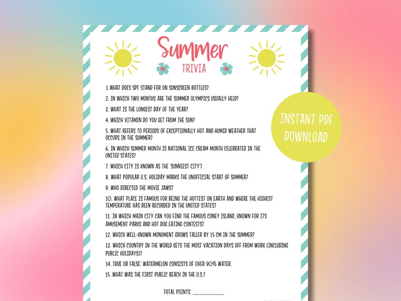Summer Trivia Game | Summer Printable Party Game | Summer Quiz | Fun ...