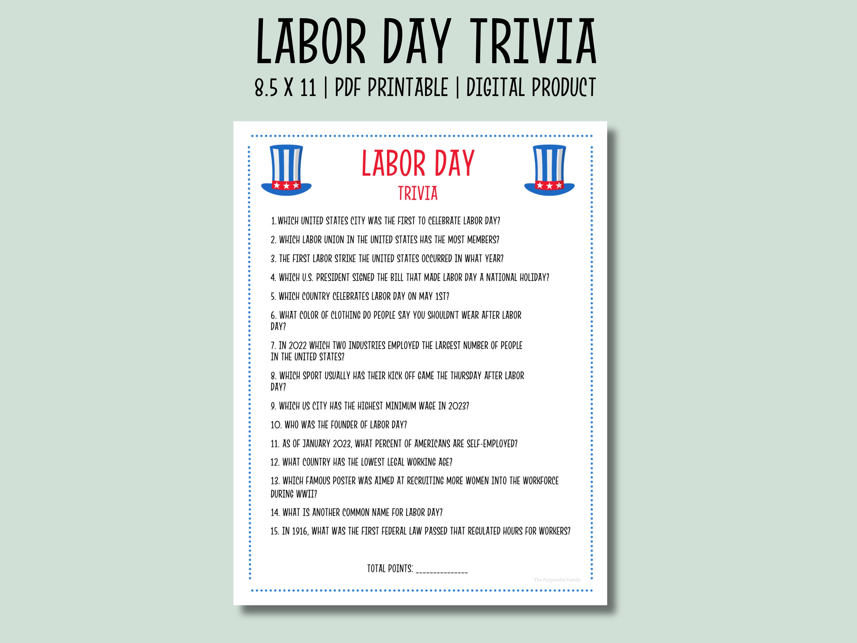 Labor Day Trivia Game | Labor Day Printable Party Games | Patriotic ...