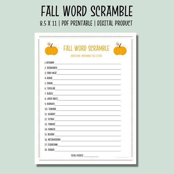 Fall Word Scramble Game Autumn Fun Printable Game Fall - Etsy
