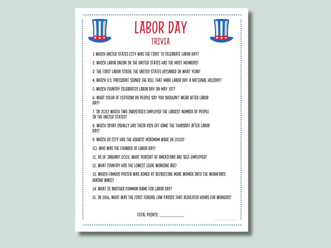 Labor Day Trivia Game | Labor Day Printable Party Games | Patriotic ...