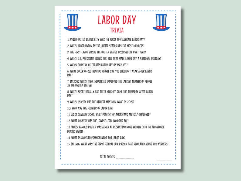 Labor Day Trivia Game | Labor Day Printable Party Games | Patriotic ...