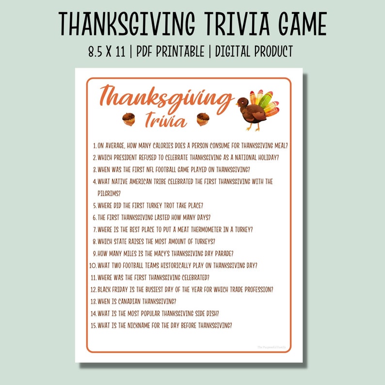 Thanksgiving Trivia Game | Thanksgiving Printable Games - Etsy
