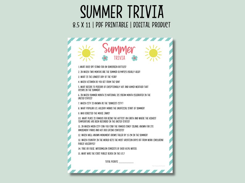 Summer Trivia Game | Summer Printable Party Game | Summer Quiz | Fun ...