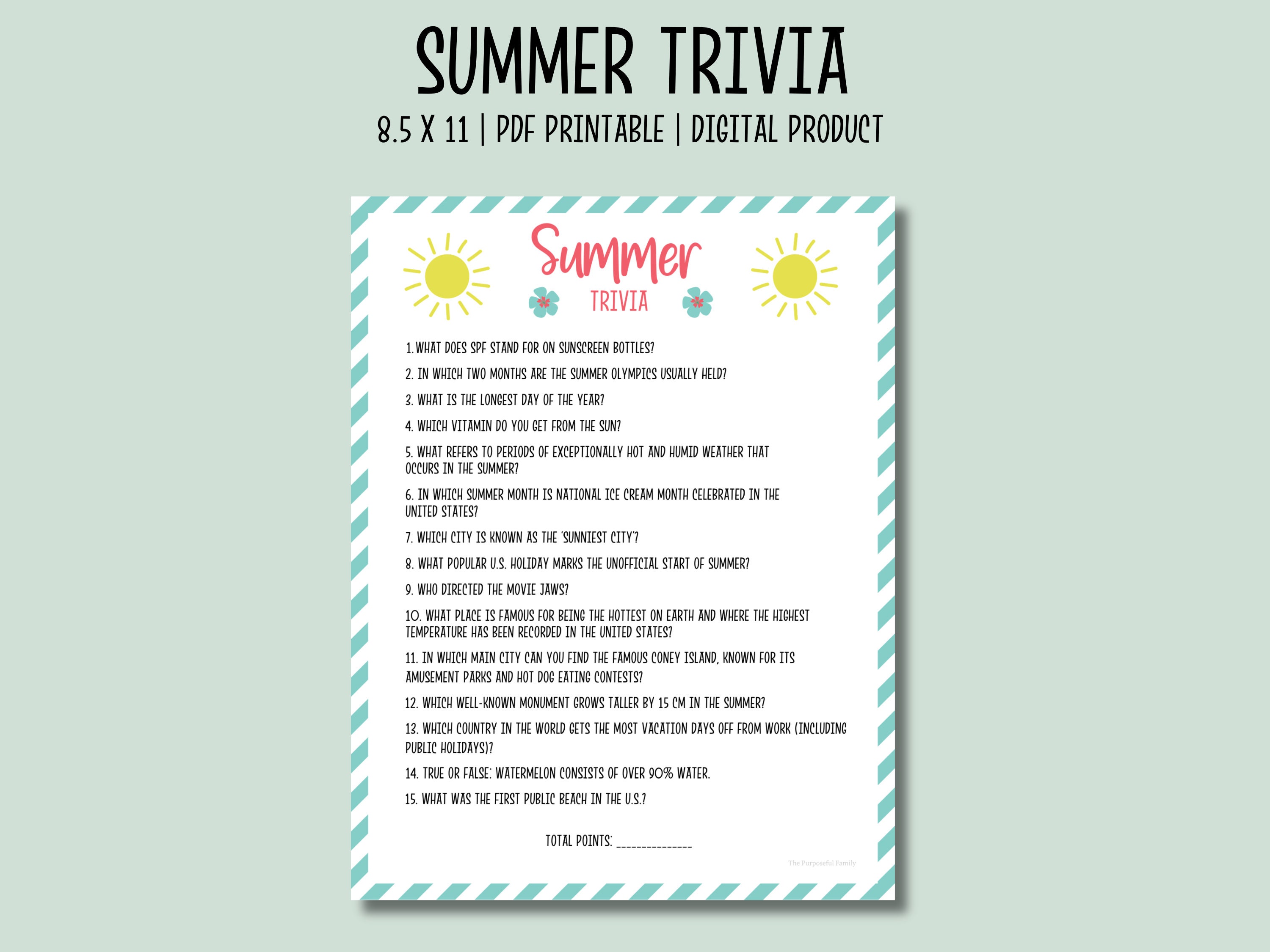 Summer Trivia Game | Summer Printable Party Game | Summer Quiz | Fun ...