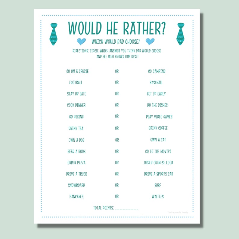 Father's Day Would He Rather Game | Father's Day Printable Game | Dad ...