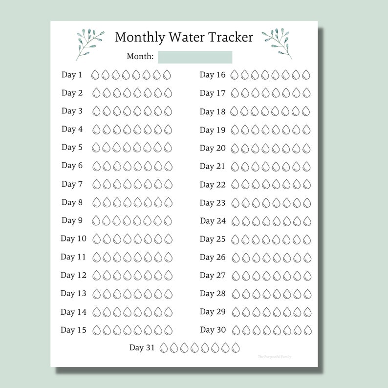 Monthly Water Tracker Printable | Water Intake Template | Downloadable ...