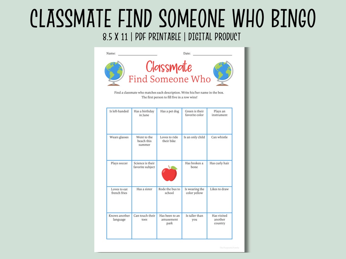 Classmate Find Someone Who Game| First Day of School Activity| Back to ...