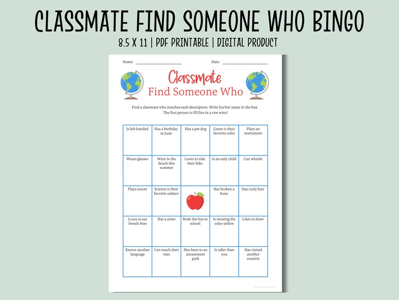 Classmate Find Someone Who Game| First Day of School Activity| Back to ...