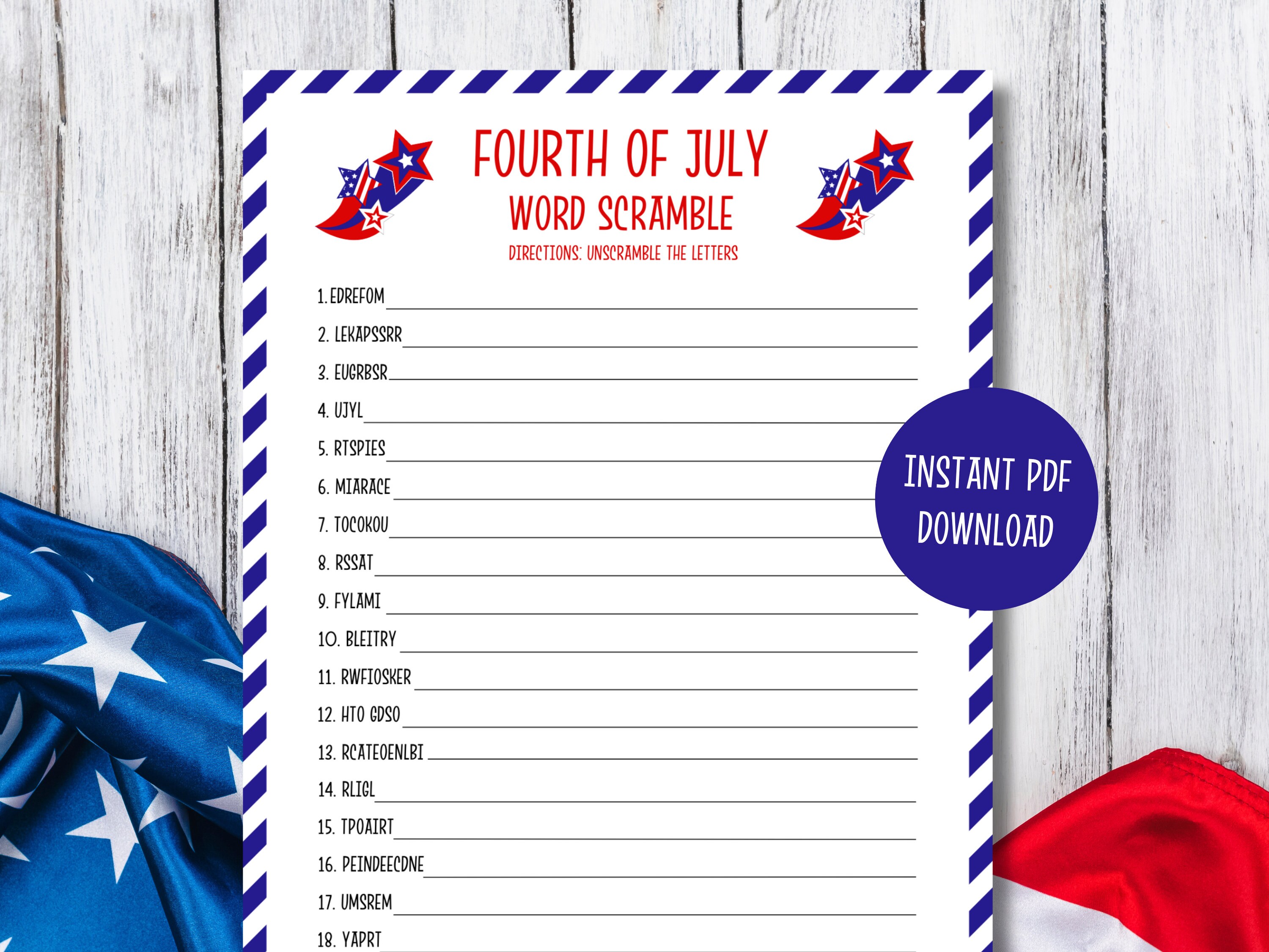 Fourth of July Word Scramble| July 4th Printable Party Game | July 4th ...