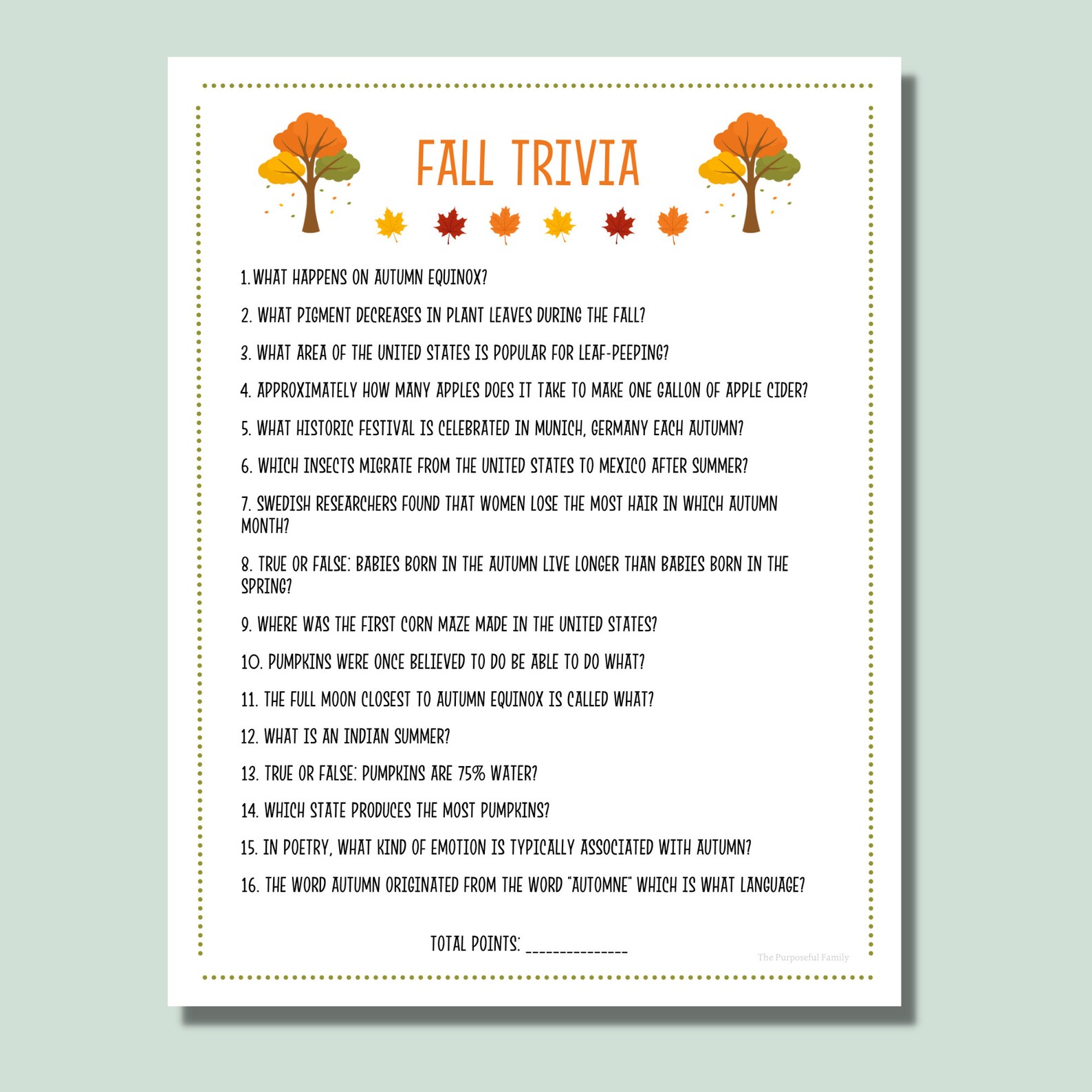 Fall Trivia Game |fall Printable Party Games | Fun Autumn Games ...