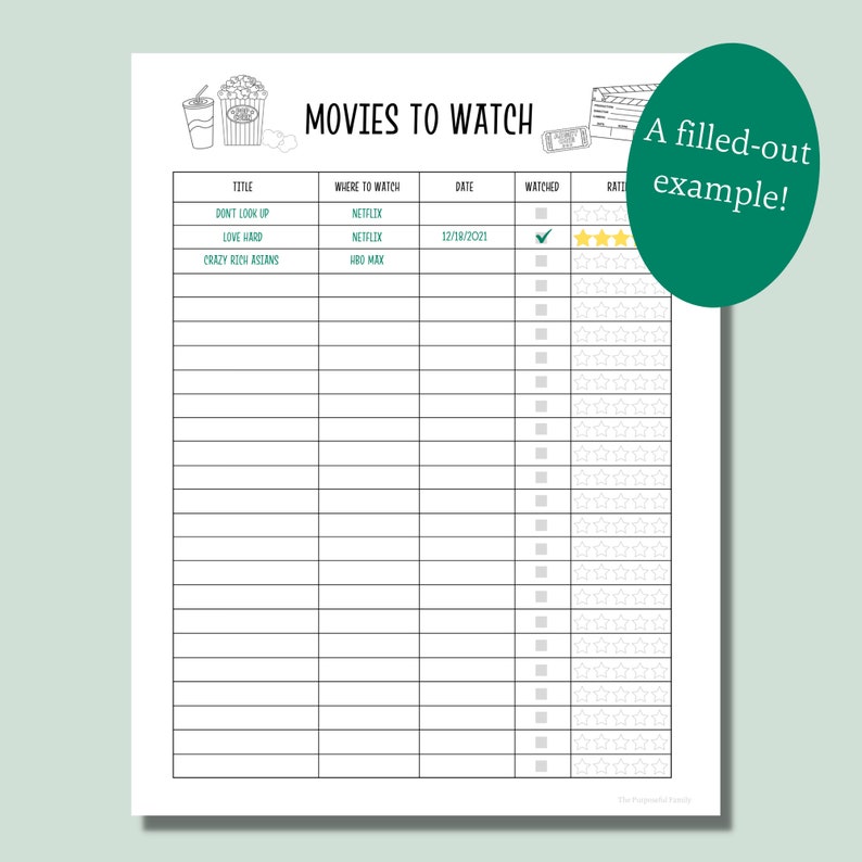 Movies to Watch Printable List | Movie Tracker Instant Download | Movie ...