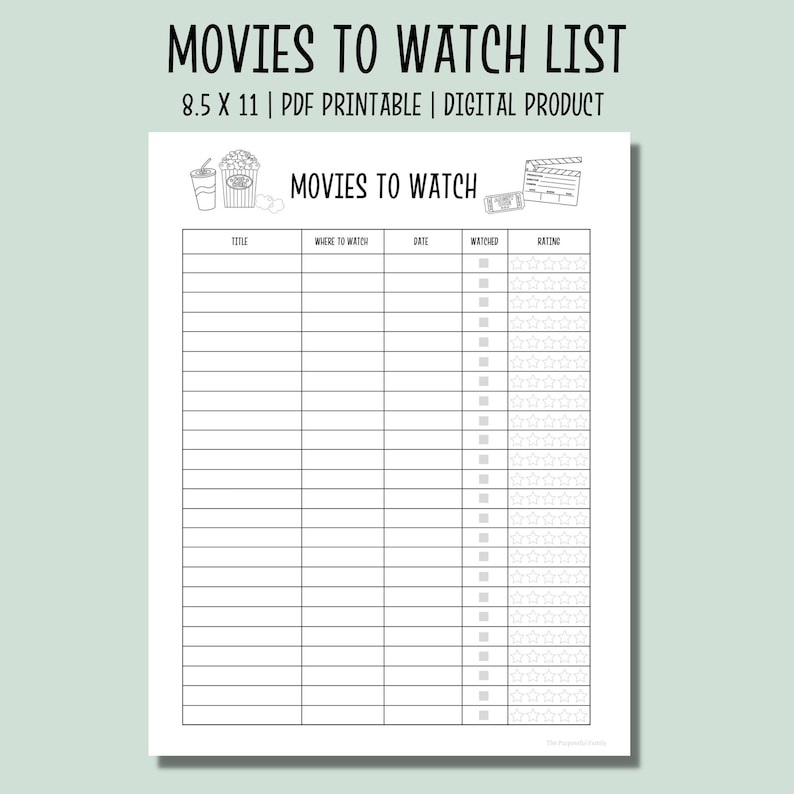 Movies to Watch Printable List | Movie Tracker Instant Download | Movie ...