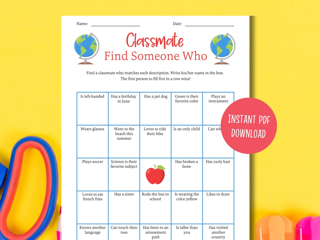 Classmate Find Someone Who Game| First Day of School Activity| Back to ...