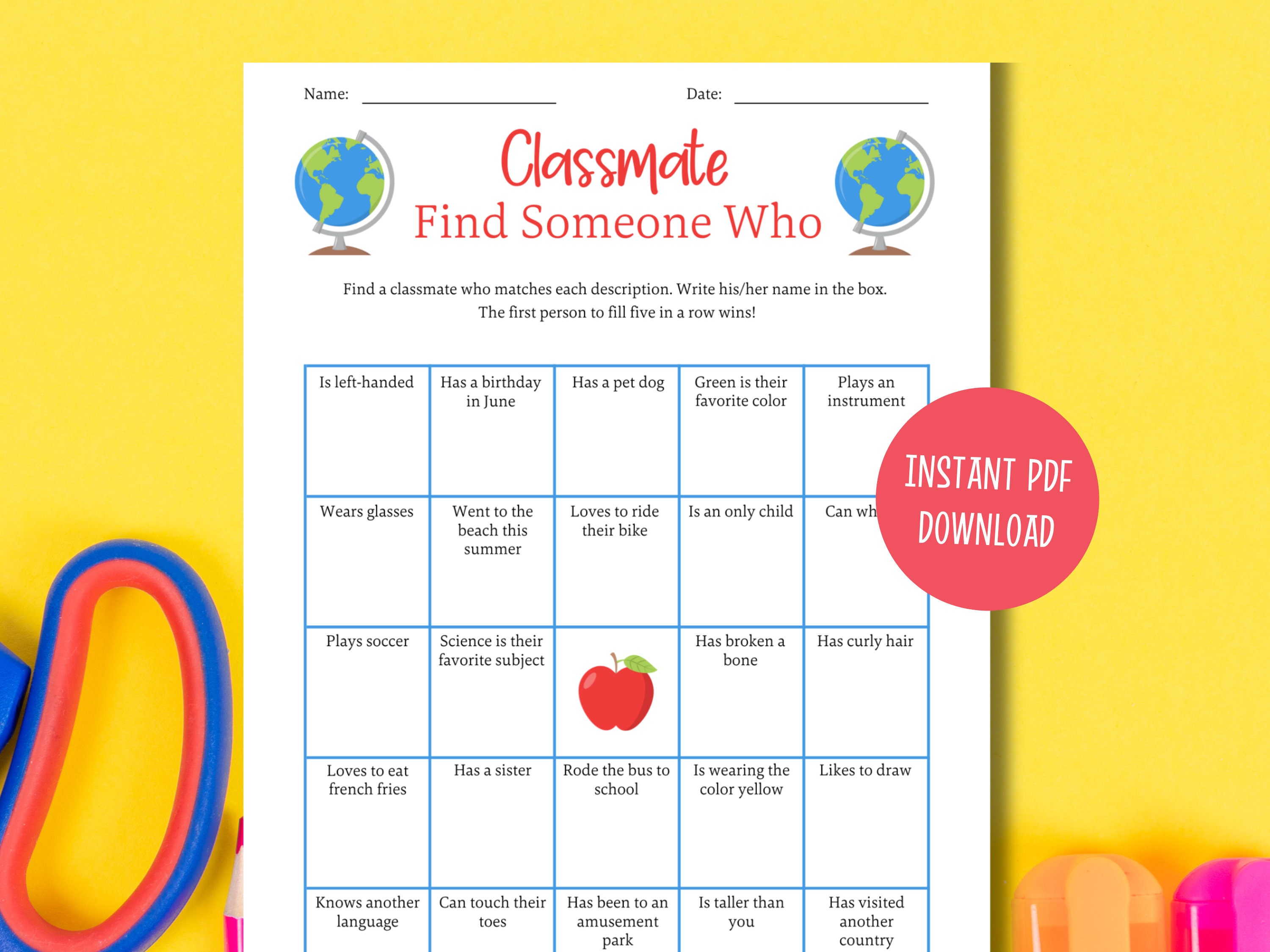 Classmate Find Someone Who Game| First Day of School Activity| Back to ...