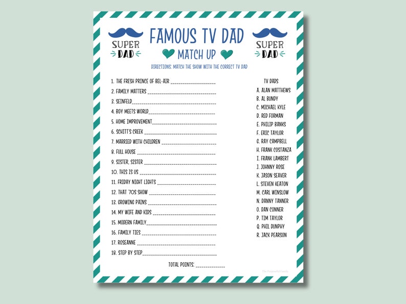 Famous TV Dad Match-up Game | Father’s Day Printable Games for Kids and Adults | Father’s Day ...