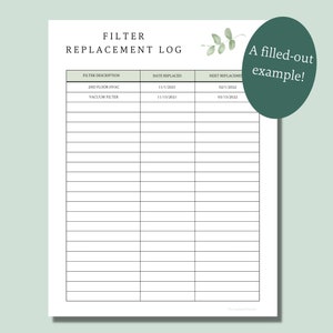 Filter Replacement Log Printable | Air, HVAC, Pool Replacement Filter ...