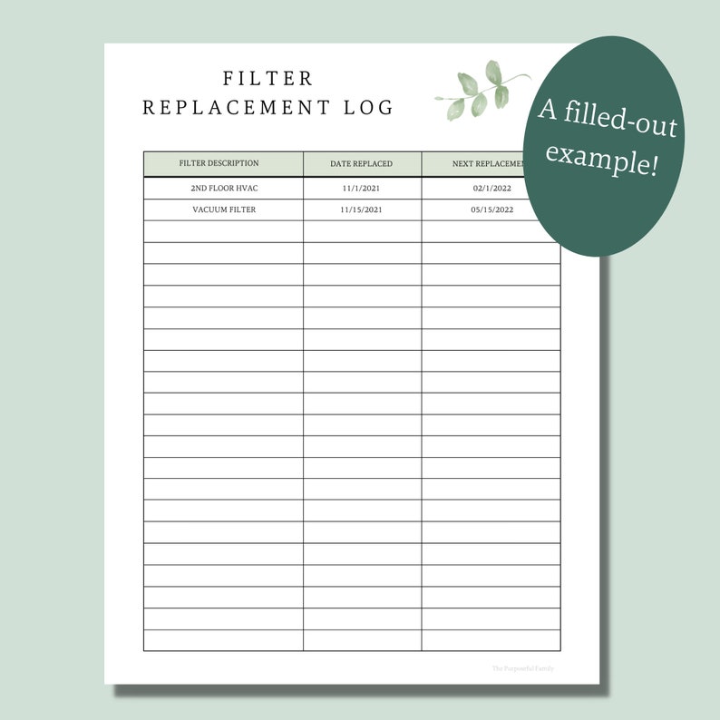 Filter Replacement Log Printable | Air, HVAC, Pool Replacement Filter ...