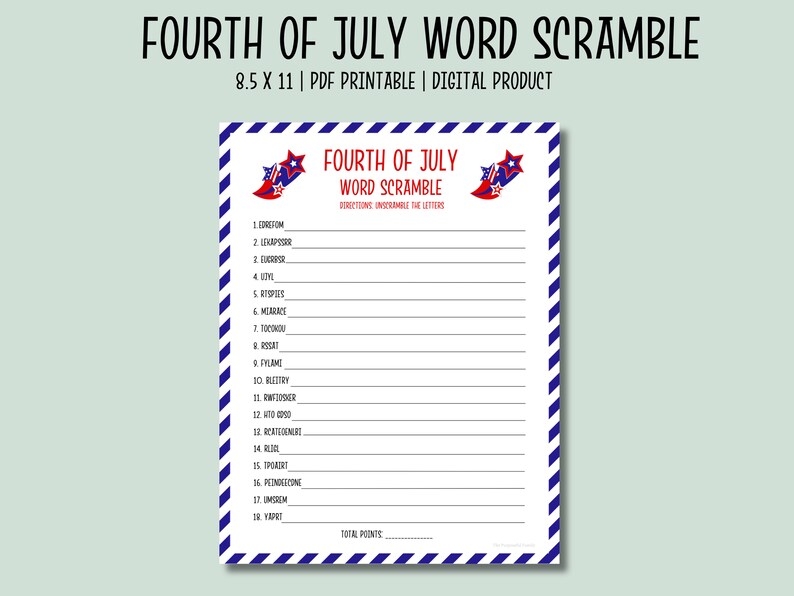 Fourth of July Word Scramble| July 4th Printable Party Game | July 4th ...