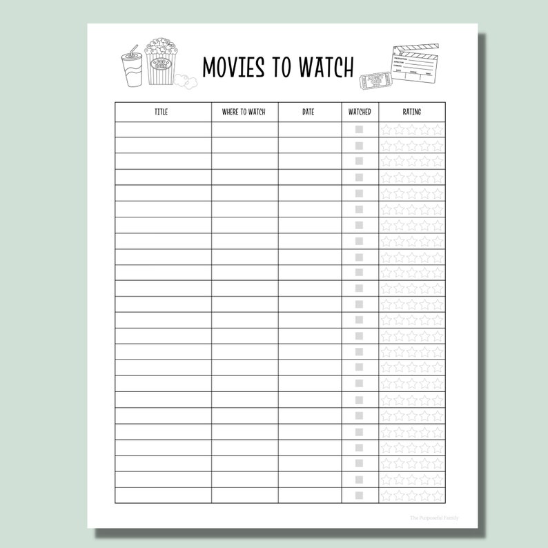 Movies to Watch Printable List | Movie Tracker Instant Download | Movie ...