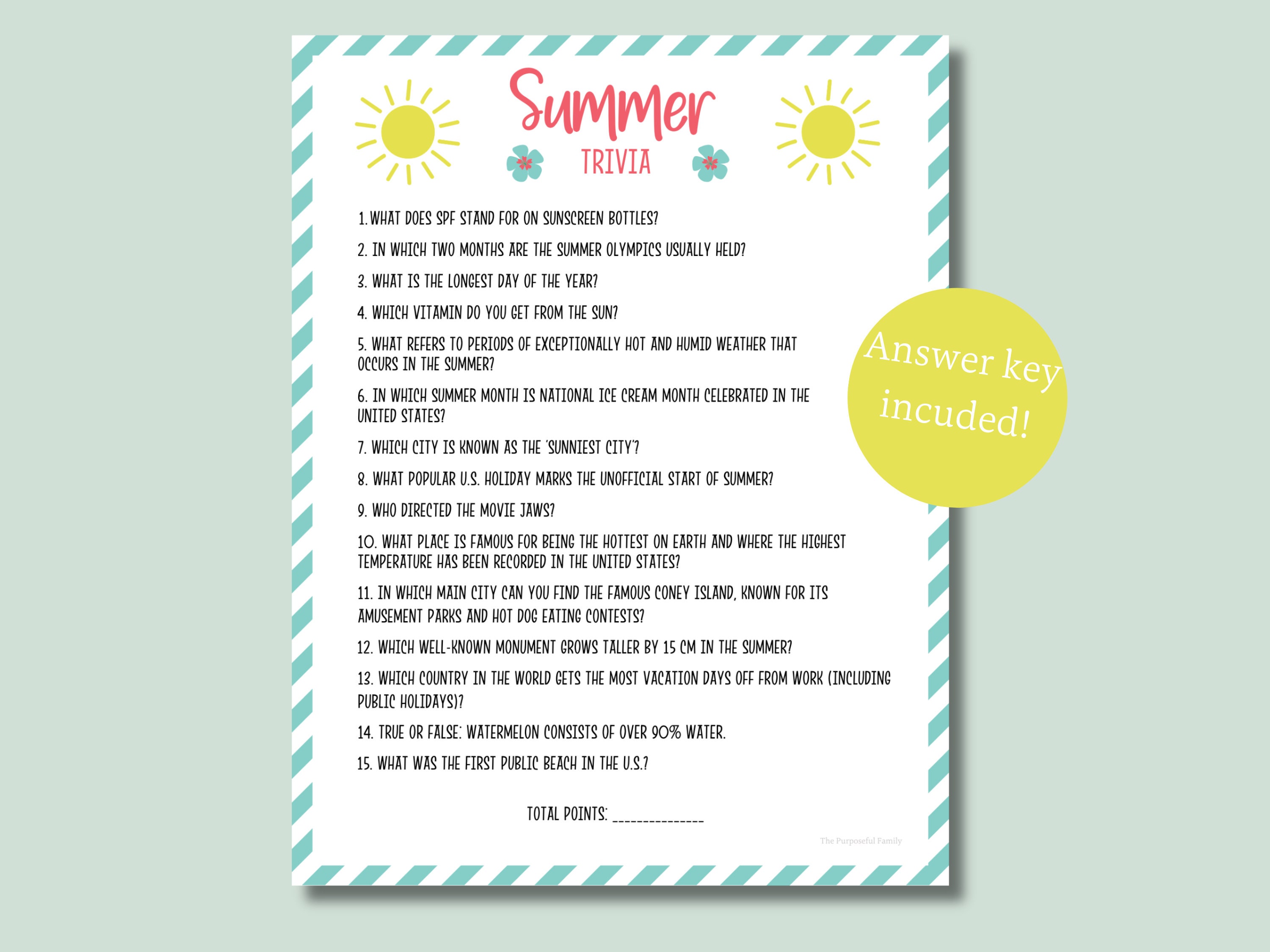Summer Trivia Game | Summer Printable Party Game | Summer Quiz | Fun ...