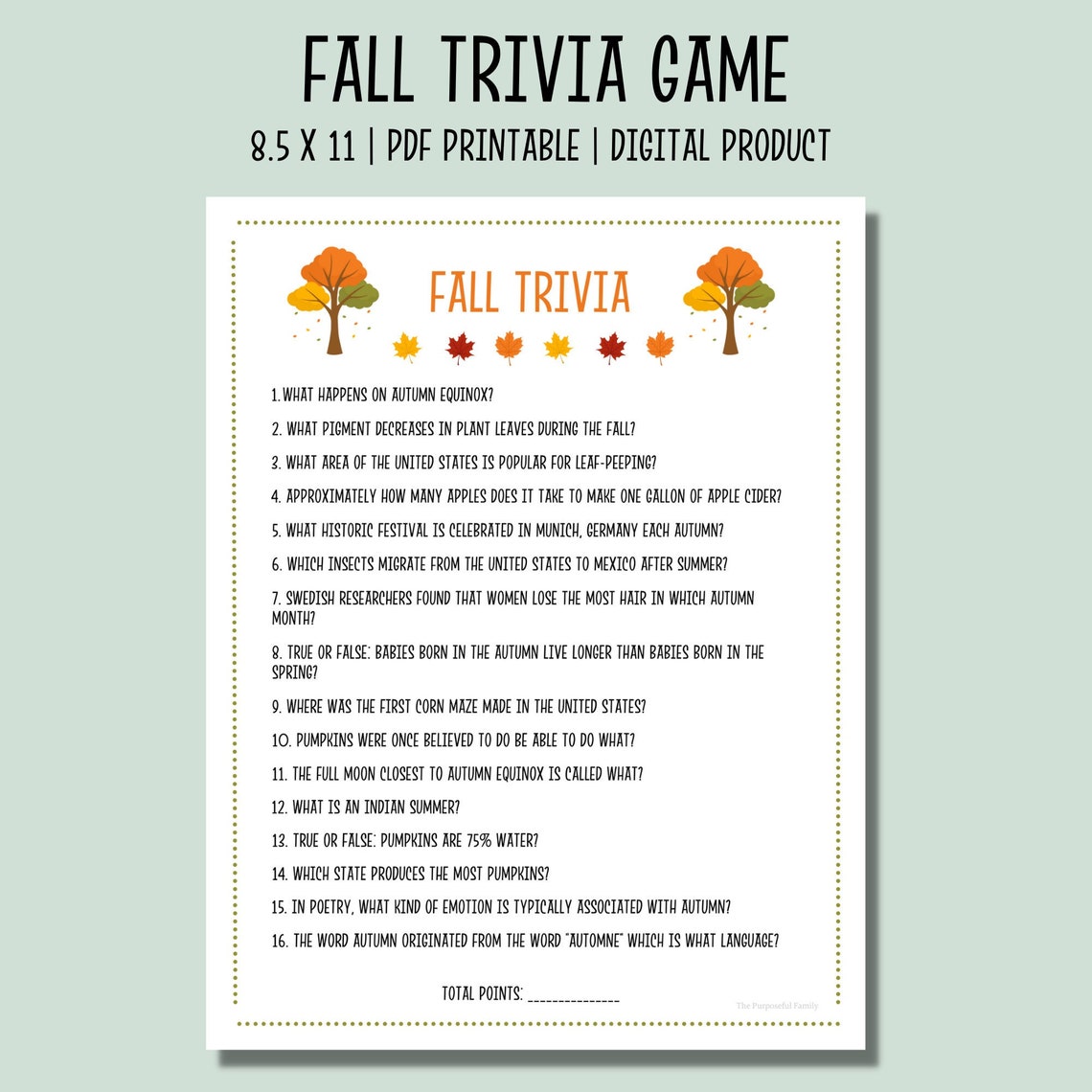 Fall Trivia Game |fall Printable Party Games | Fun Autumn Games ...