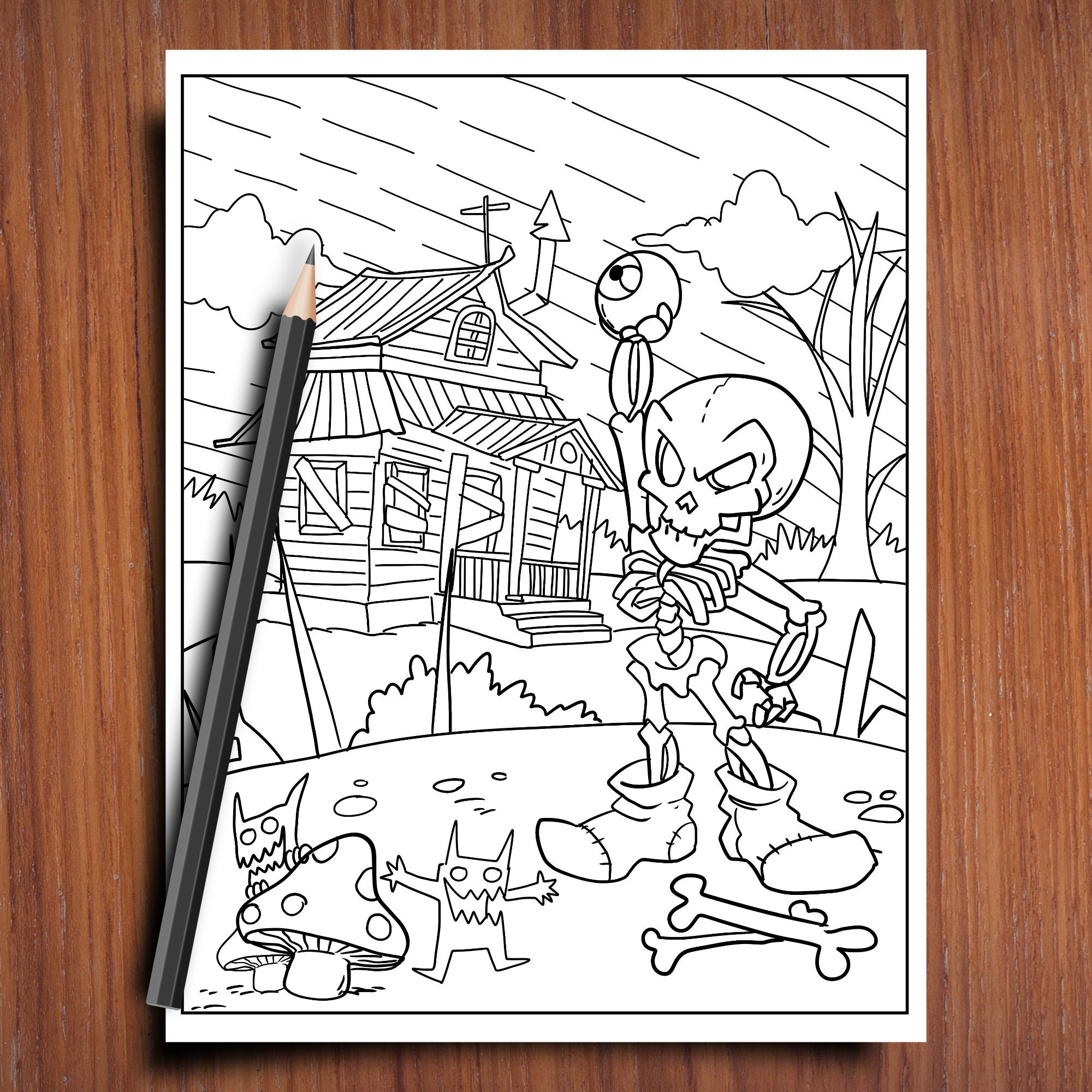 Halloween Coloring Page, Skeleton, Monster, Haunted House, A Spooky ...