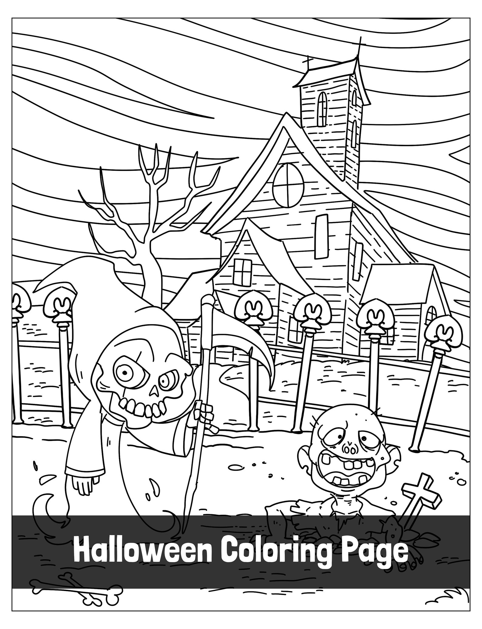 Halloween Coloring Page, Zombie, Witch, Haunted House, Pumpkin, Trick ...